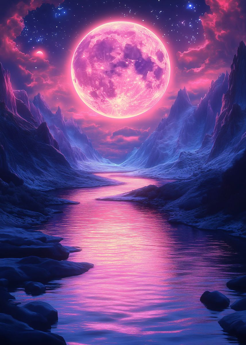 'Neon Full Moon Valley' Poster, picture, metal print, paint by | Displate