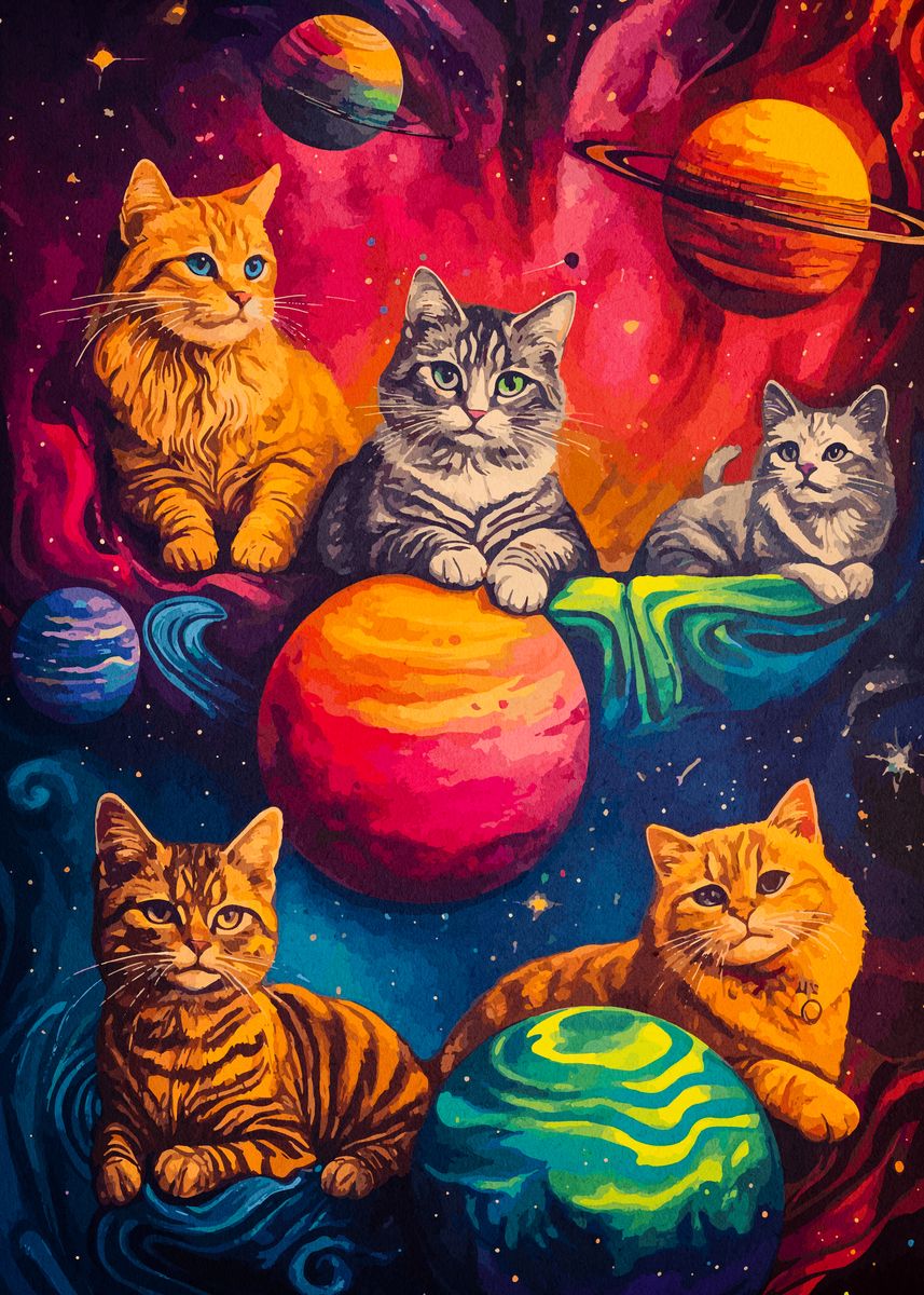 'Cat Animal Space' Poster, picture, metal print, paint by Hamzah George ...