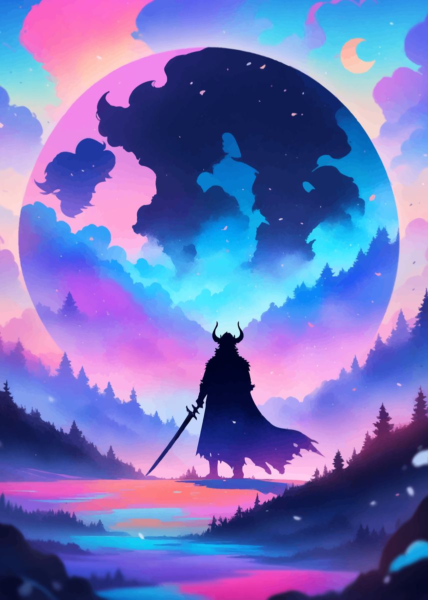 'Viking Warrior Under Giant Moon' Poster, picture, metal print, paint ...