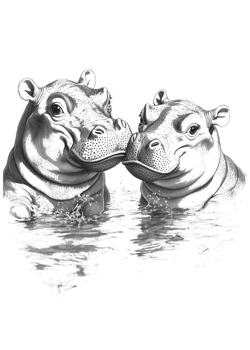 'Two Sweet Hippos in Water' Poster, picture, metal print, paint by ...