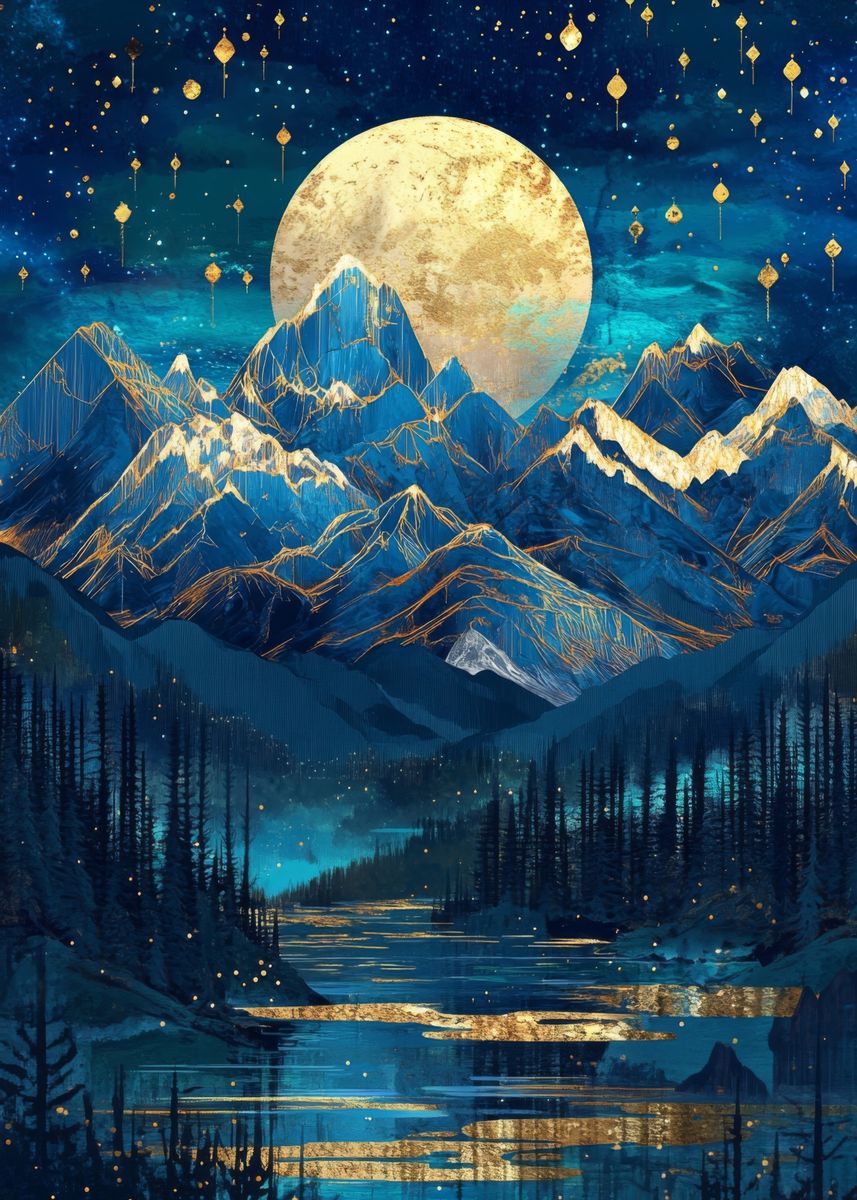 'Golden Moon Mountains' Poster, picture, metal print, paint by Byrdyak ...