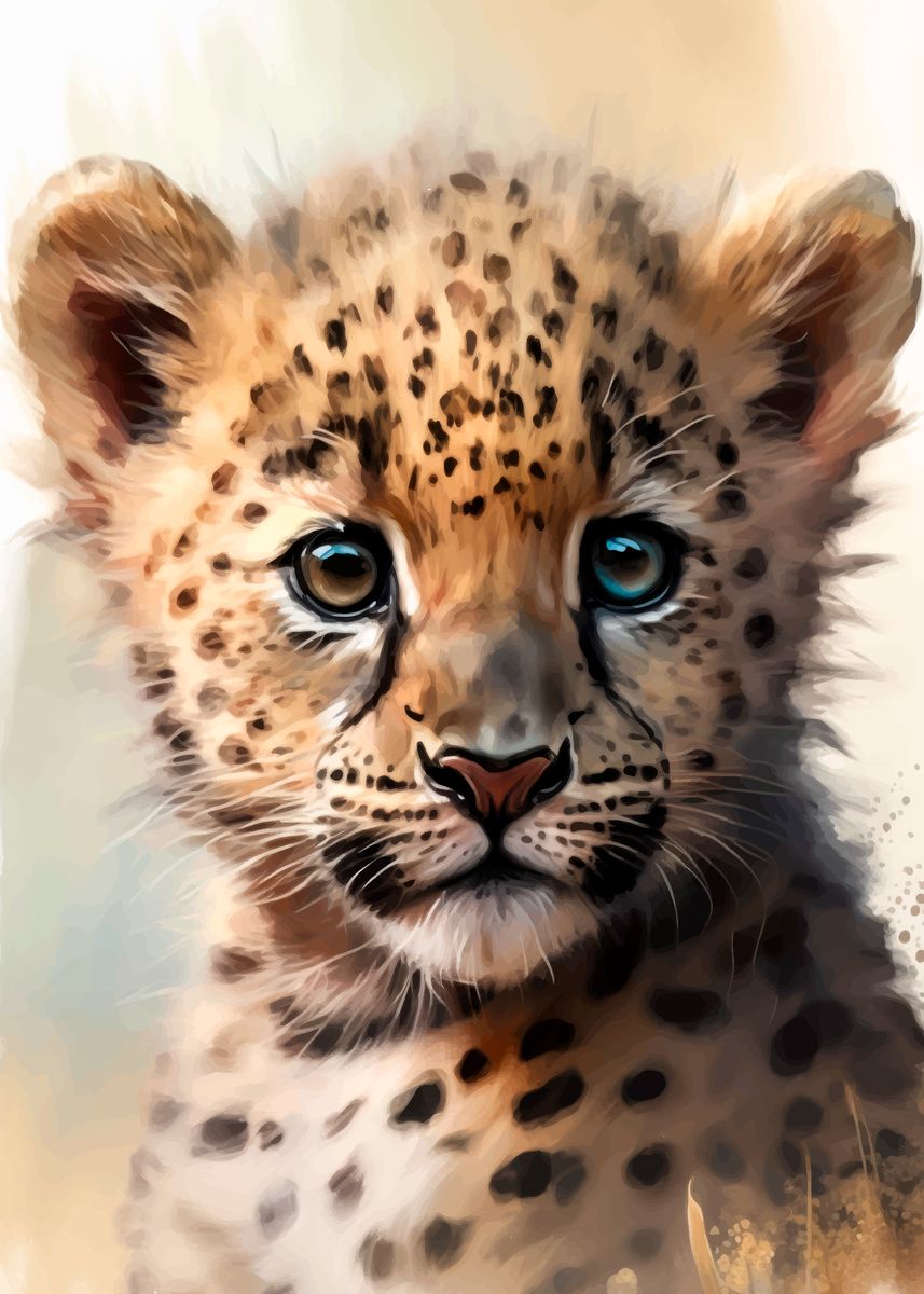 'Leopard Cub Portrait' Poster, picture, metal print, paint by | Displate