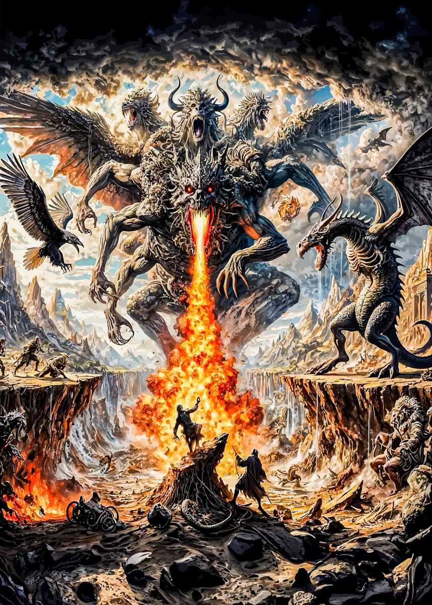 'Multi-Headed Dragon Battle' Poster, picture, metal print, paint by ...