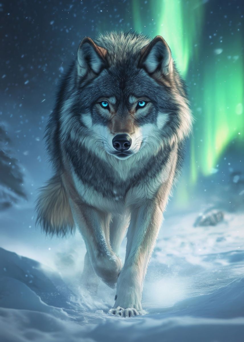 'Wolf Under Aurora Borealis' Poster, picture, metal print, paint by ...