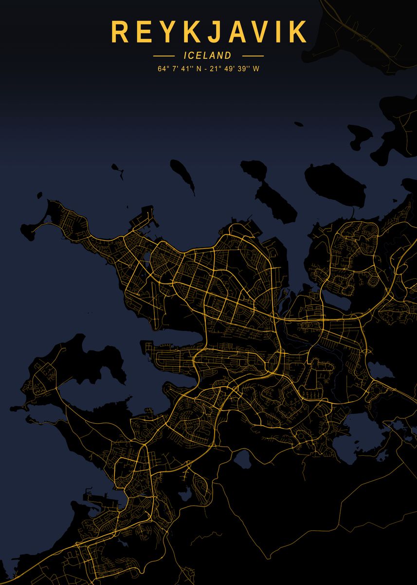 'Reykjavik Golden City Map' Poster, picture, metal print, paint by ...