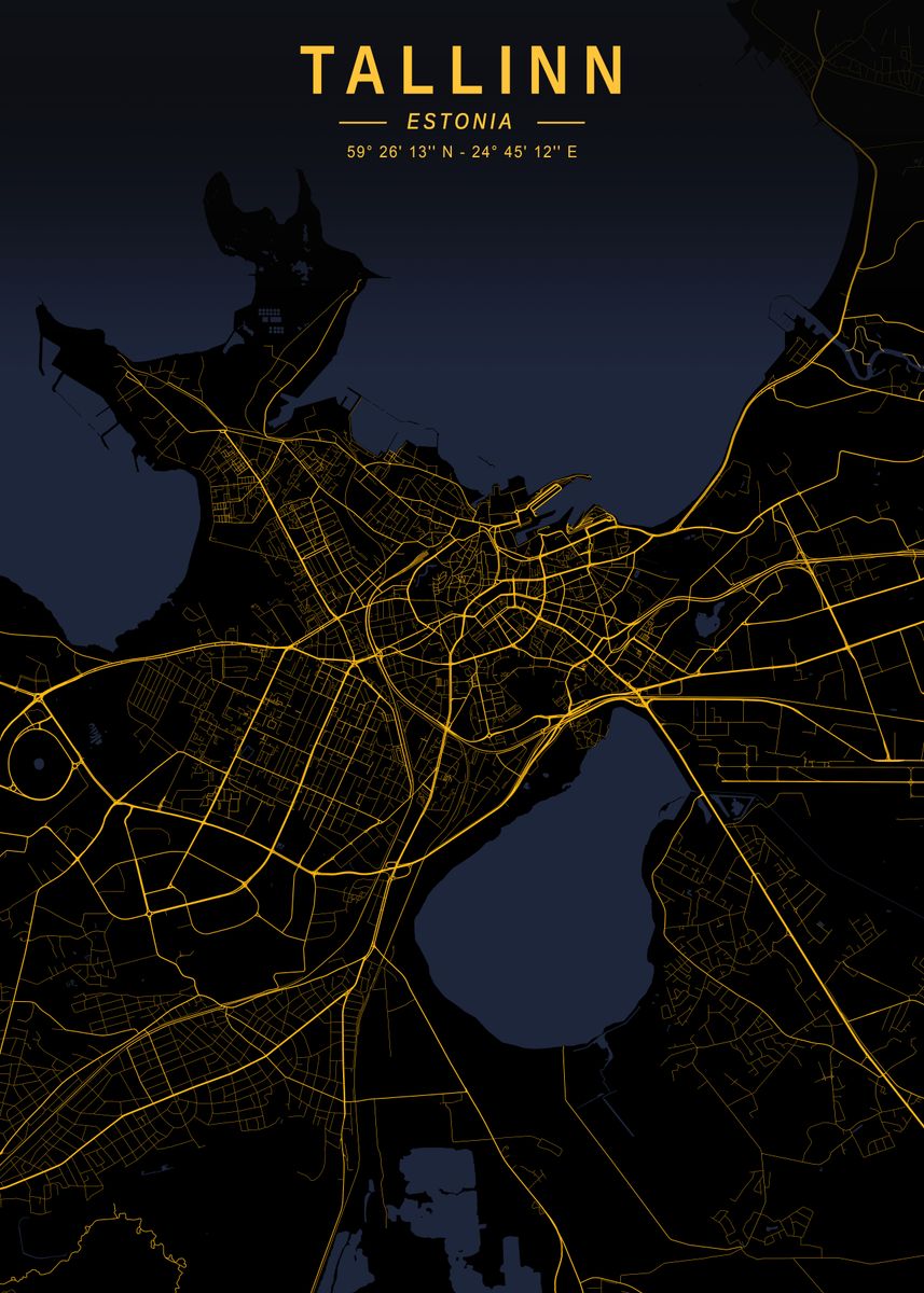 'Tallinn Golden City Map' Poster, picture, metal print, paint by ...
