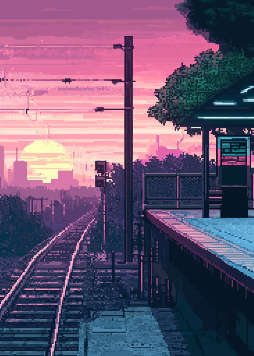 'Pixelated Train Station Sunset' Poster, picture, metal print, paint by ...