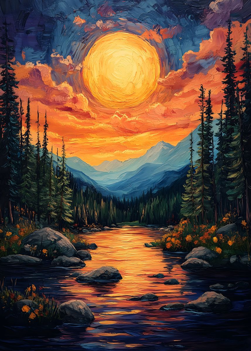 'Sunset Mountain River' Poster, picture, metal print, paint by ...