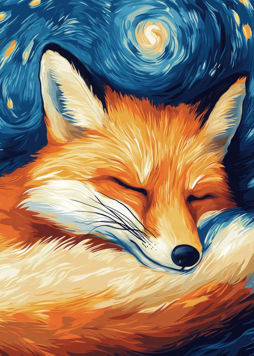 'Sleeping Fox Starry Night' Poster, picture, metal print, paint by ...