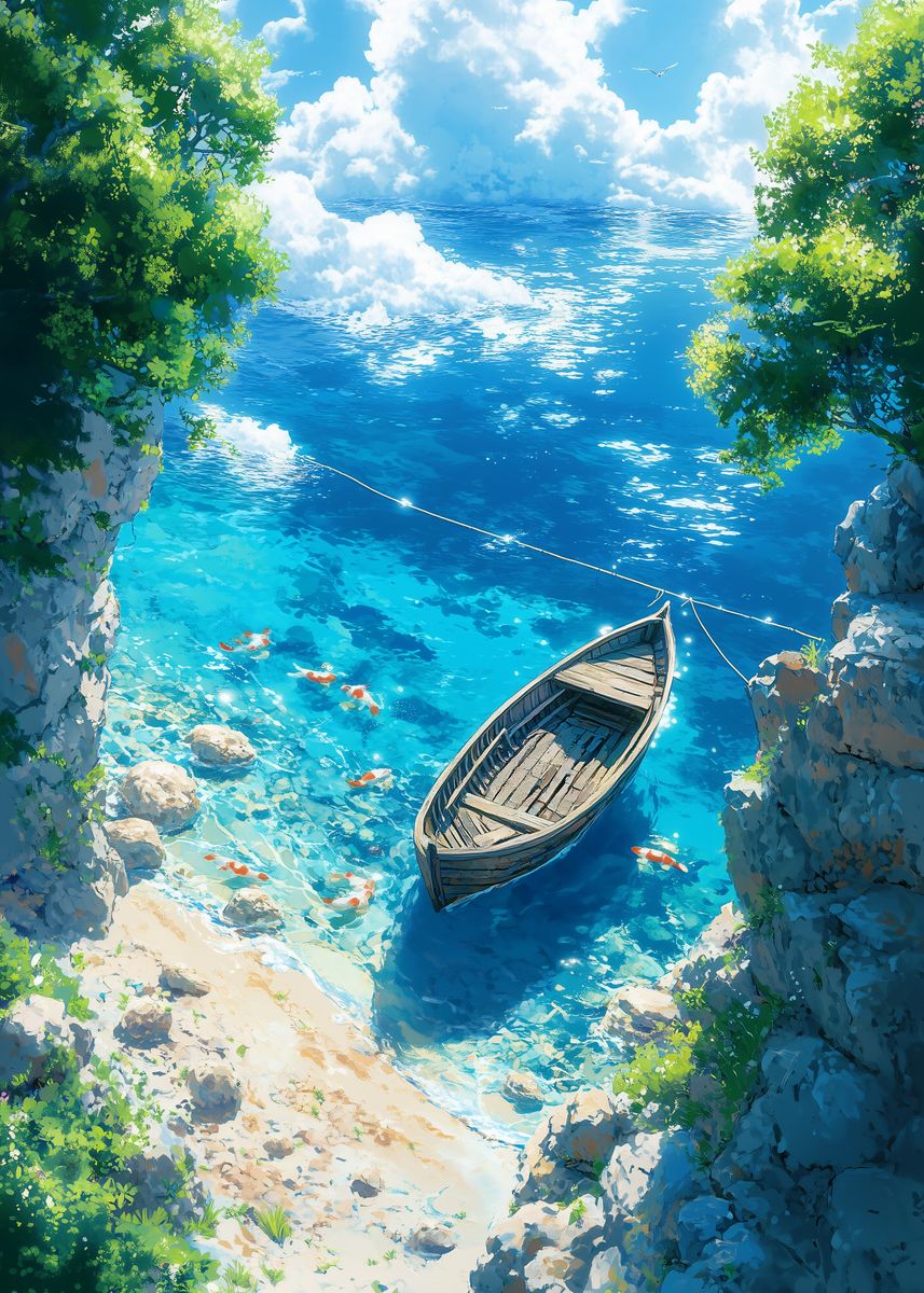 'Summer beach Tranquil Cove with Boat anime' Poster, picture, metal ...