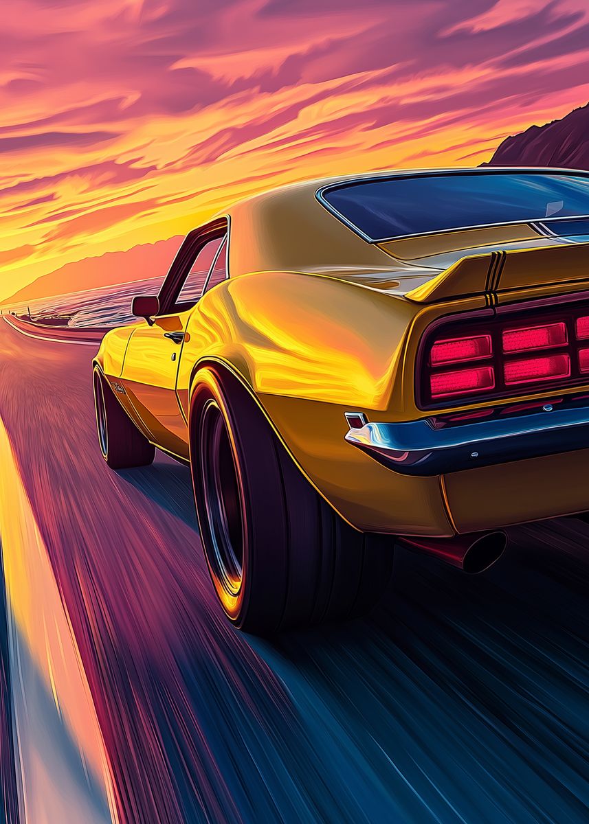 'Classic Muscle Car Sunset Drive' Poster, picture, metal print, paint ...