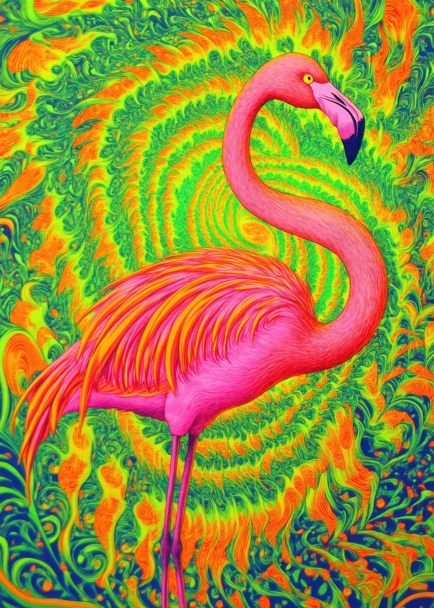 'Pink Flamingo Psychedelic Art, Vibrant Pink Flamingo' Poster, picture ...