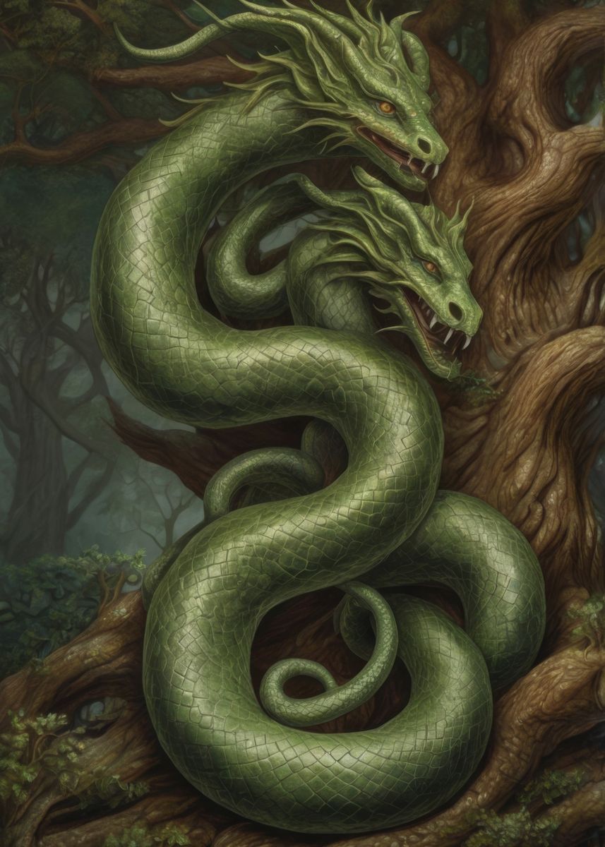 'Two-Headed Dragon in Forest' Poster, picture, metal print, paint by ...