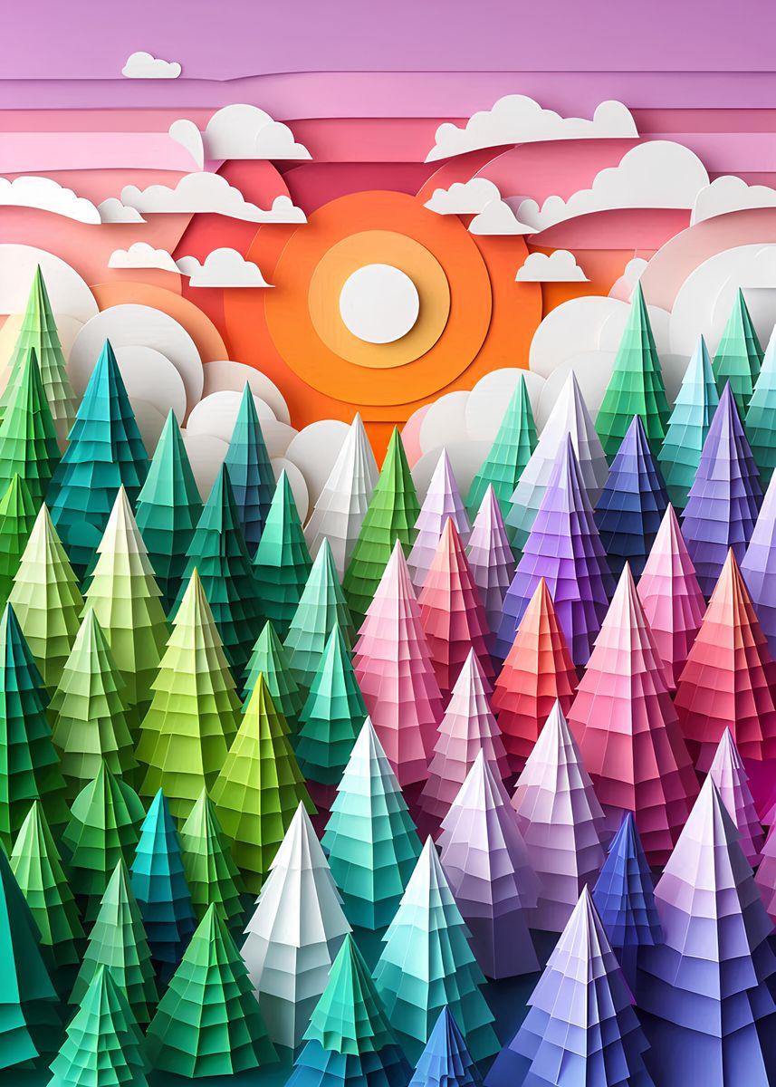 'Papercraft Forest Sunset' Poster, picture, metal print, paint by ...