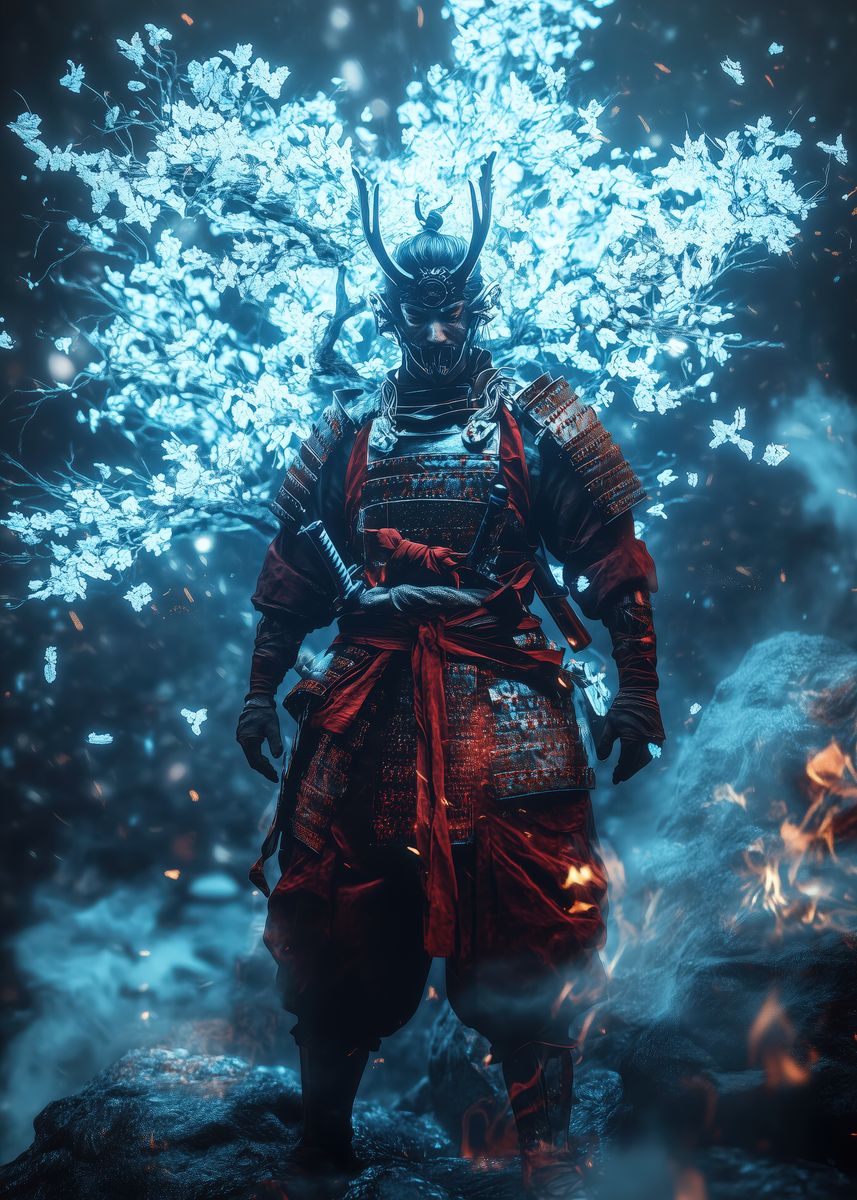 'Samurai Warrior in Blue Fire' Poster, picture, metal print, paint by ...