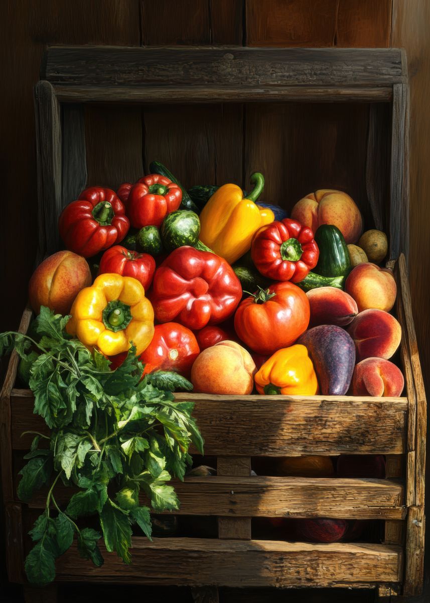 'Fresh Produce in Wooden Crate' Poster, picture, metal print, paint by ...