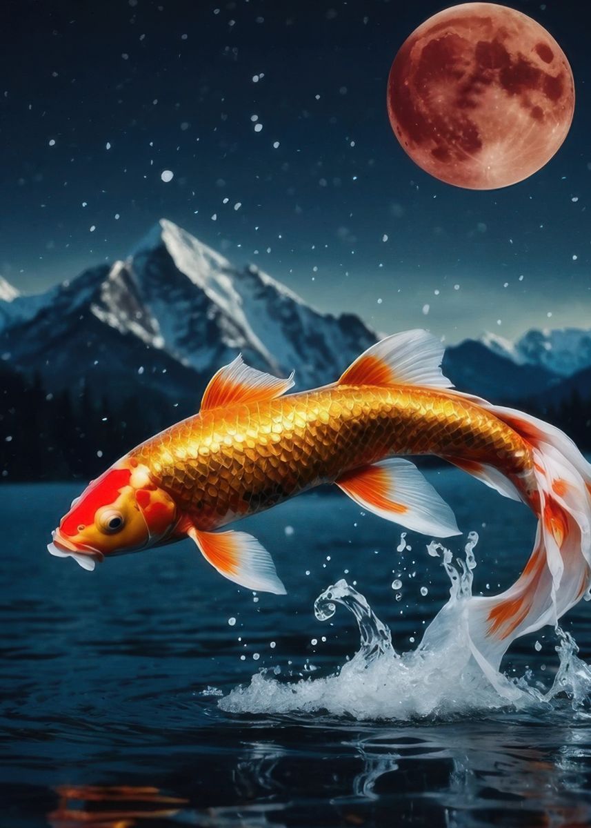'Koi Fish Jumping Under Blood Moon' Poster, picture, metal print, paint ...