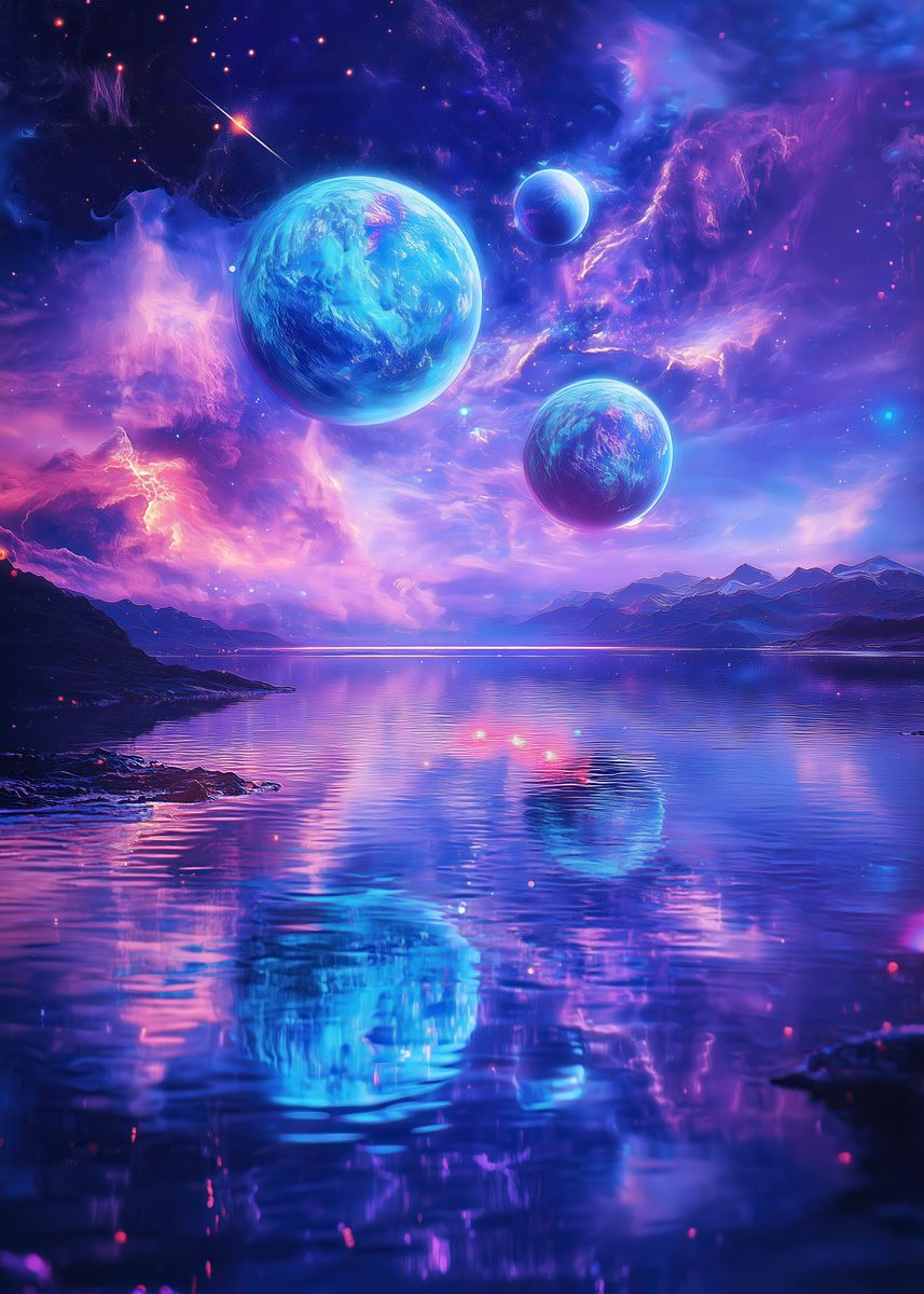 'Moons Celestial Lake' Poster, picture, metal print, paint by CINEMO | Displate