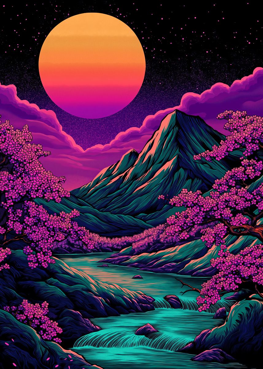 'Neon Mountain Landscape Vaporwave' Poster, picture, metal print, paint ...