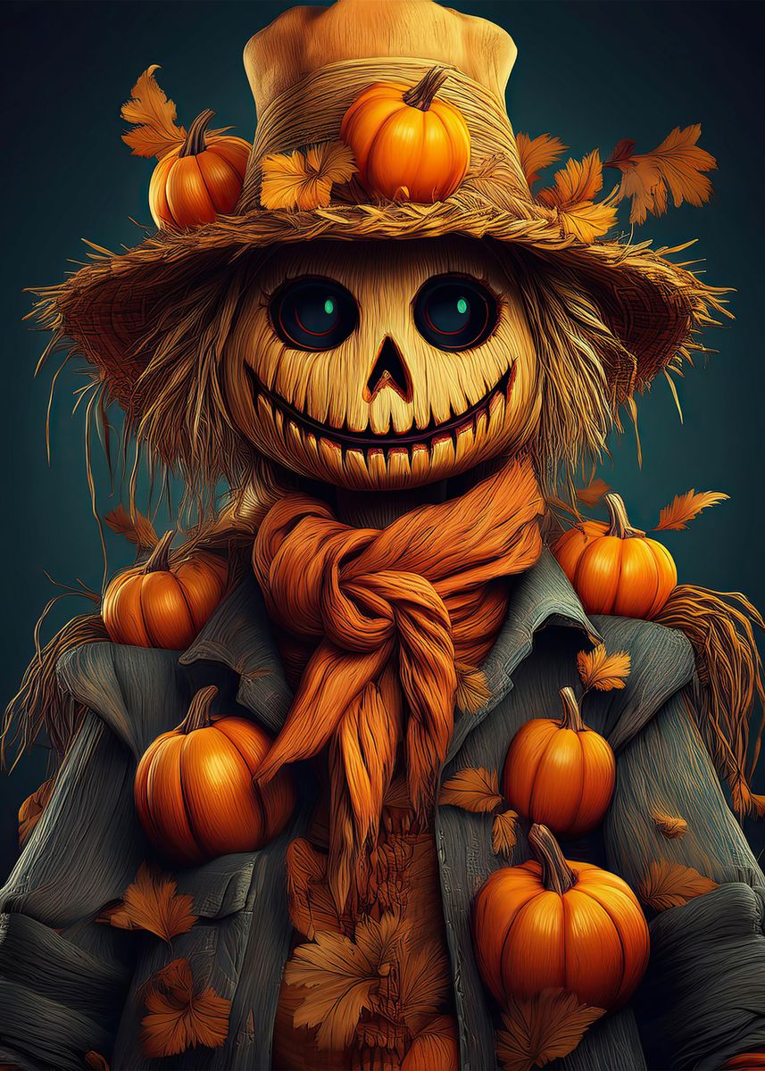 'Smiling Scarecrow With Pumpkins' Poster, picture, metal print, paint ...