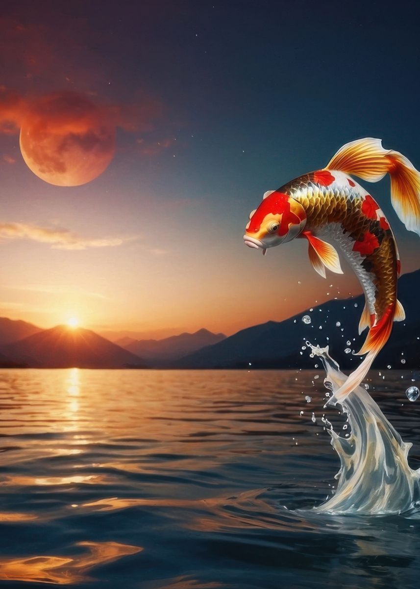 'Koi Fish Sunset Jump' Poster, picture, metal print, paint by | Displate