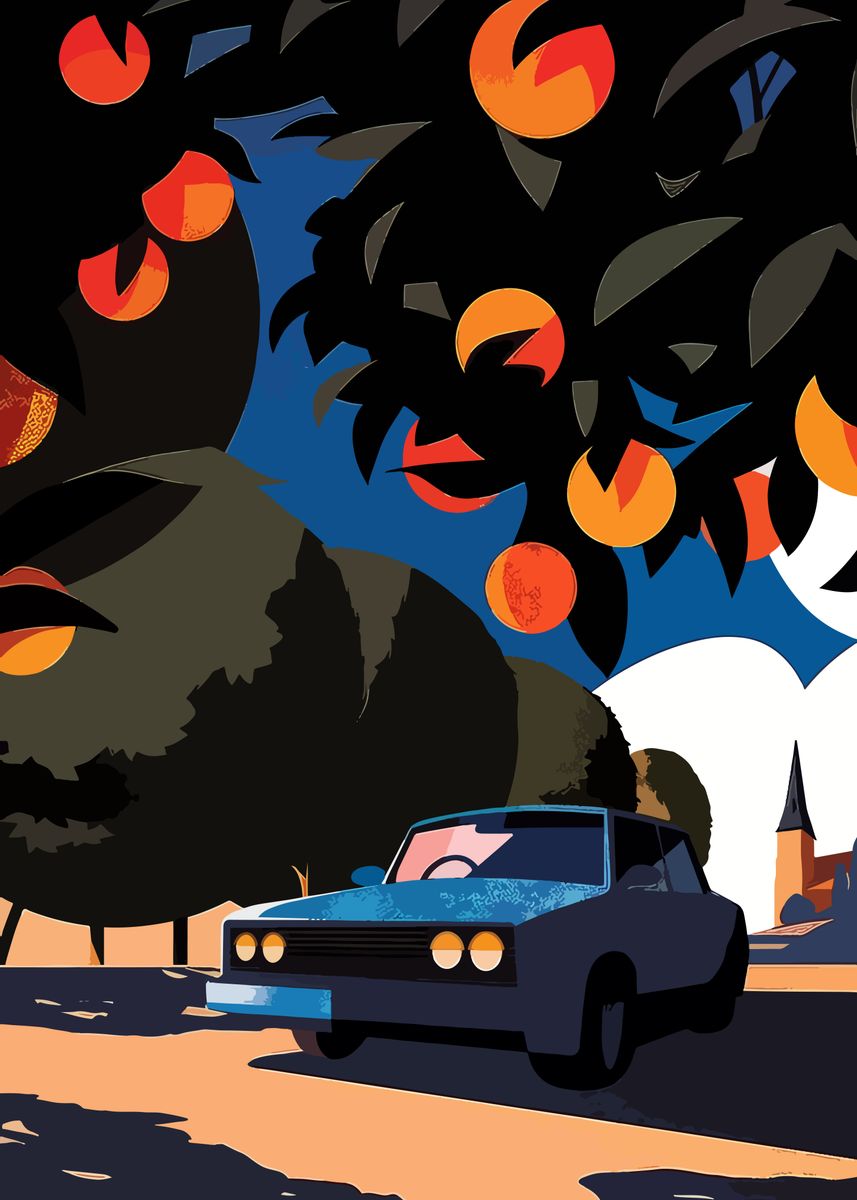 'Car Under Orange Trees' Poster, picture, metal print, paint by | Displate