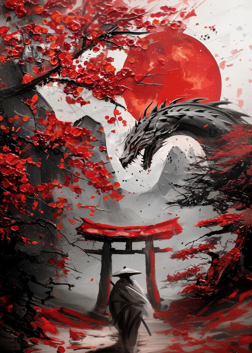 'Abstract Samurai Torii Gate Dragon ' Poster, picture, metal print ...