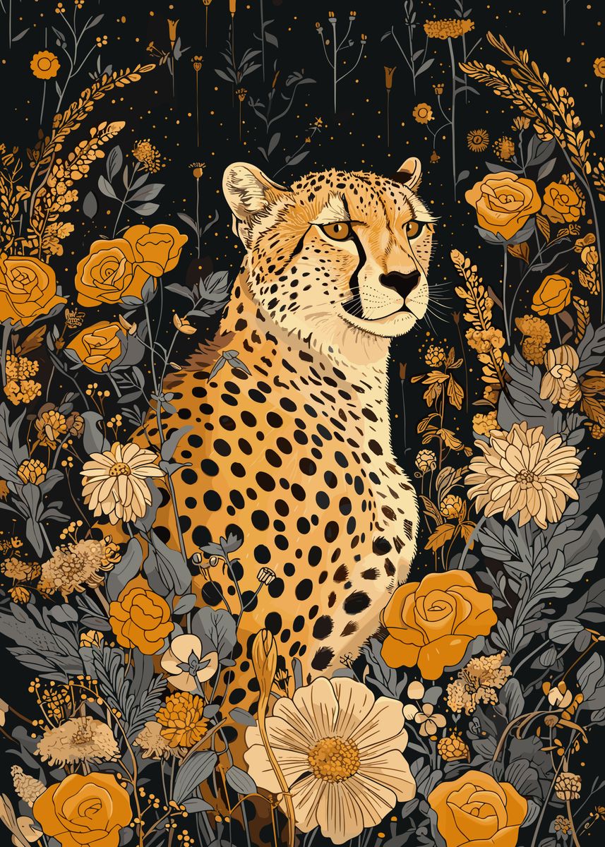 'Cheetah in Bloom' Poster, picture, metal print, paint by Kai Tanaka ...