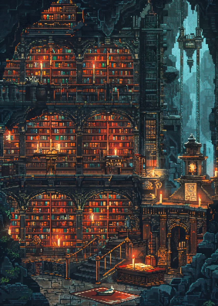 'Ancient library pixel art' Poster, picture, metal print, paint by ...