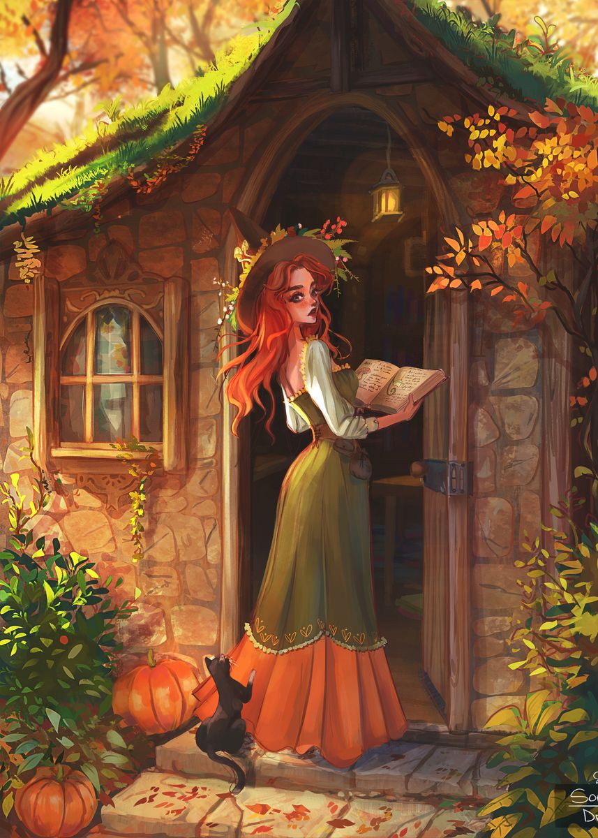 'Autumn Witch Cottage' Poster, picture, metal print, paint by ...