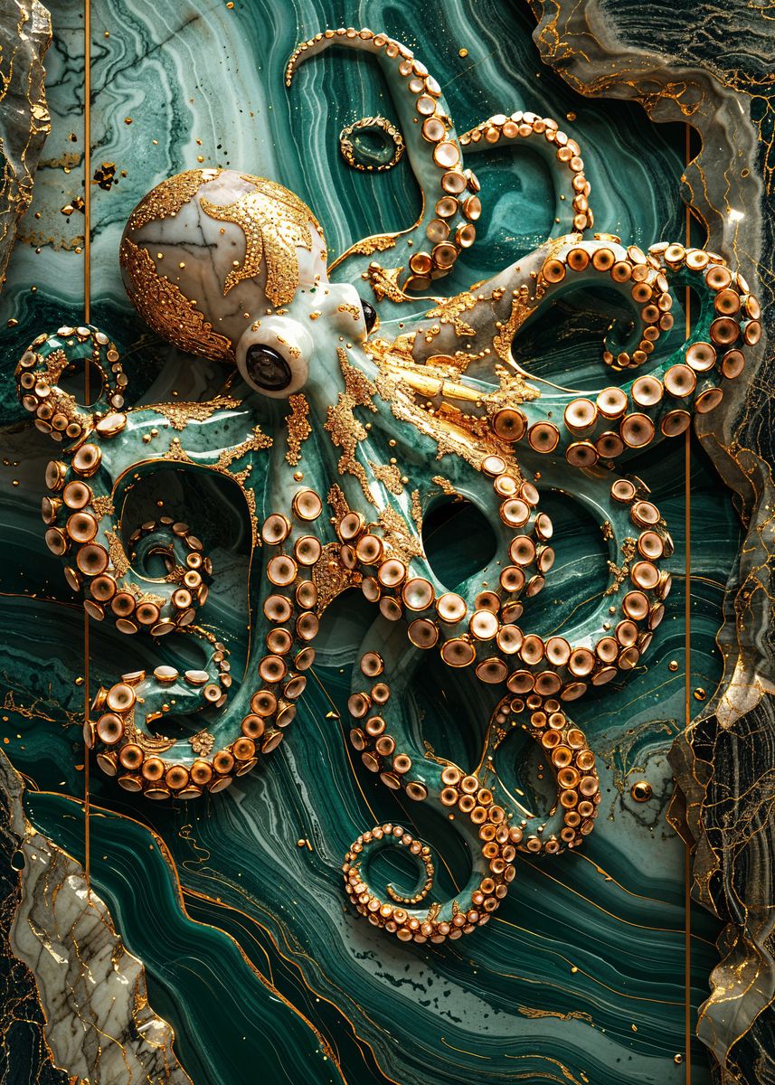 'Golden Octopus on Marble' Poster, picture, metal print, paint by ...