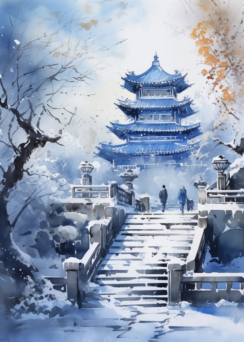 'Blue Pagoda in Winter' Poster, picture, metal print, paint by ...