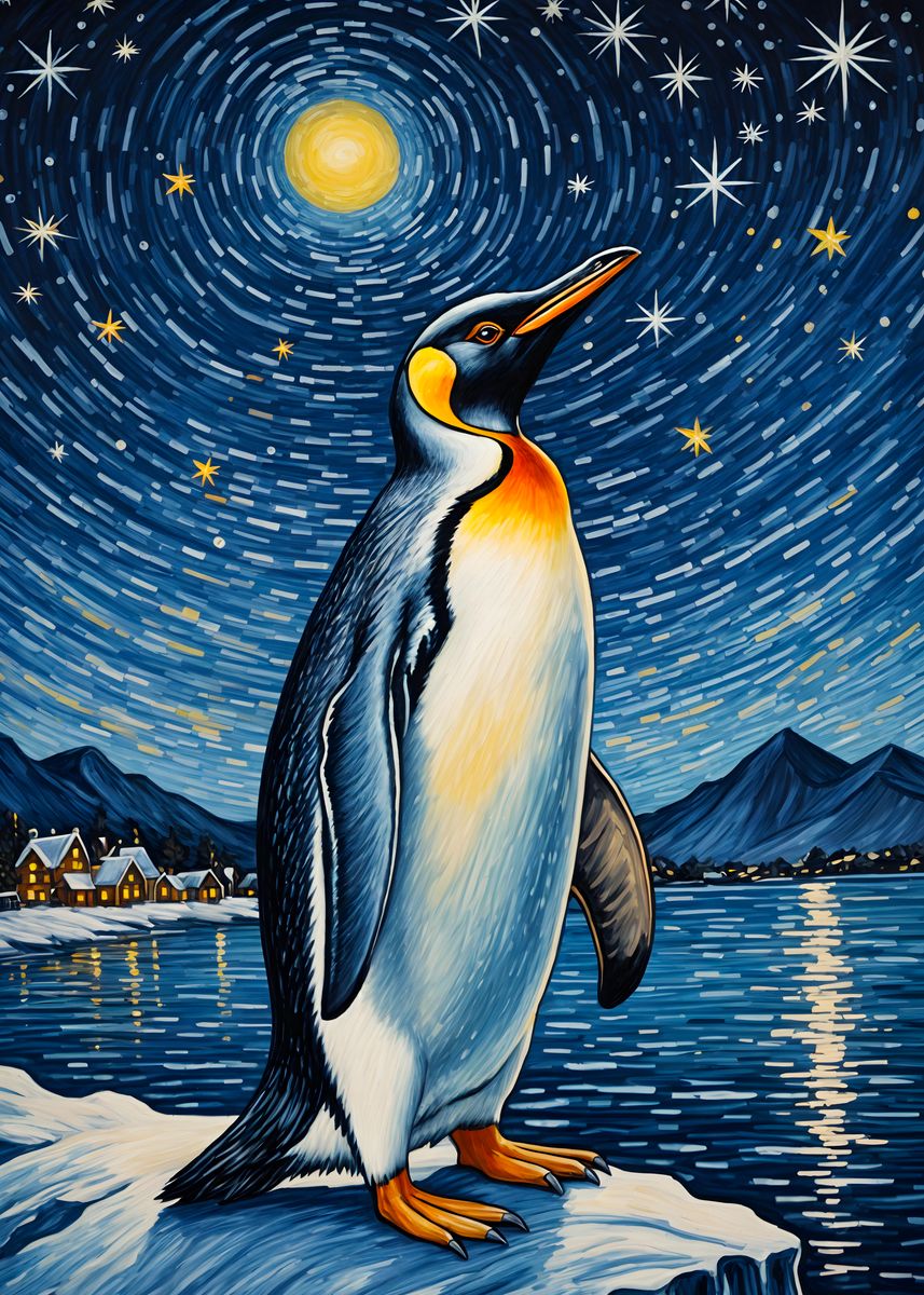 'Penguin Under Starry Sky' Poster, picture, metal print, paint by ...