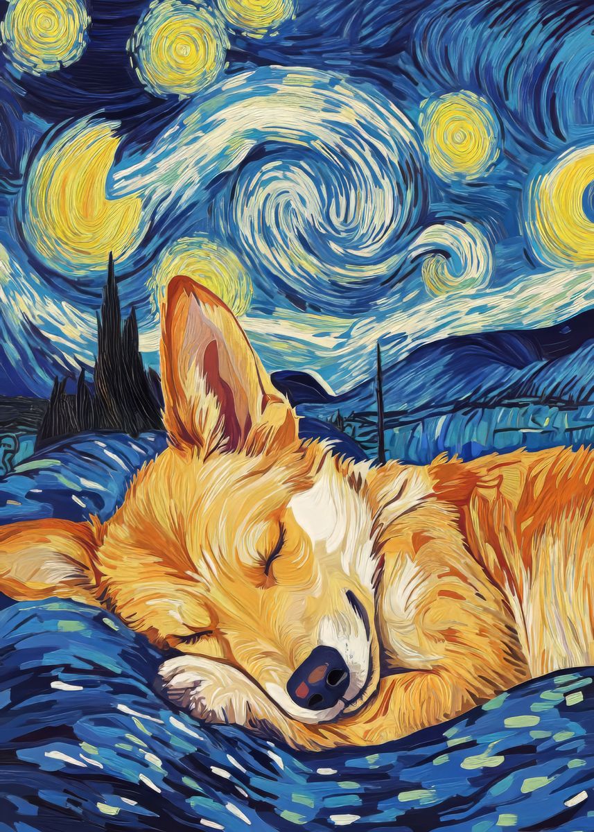 'Corgi in Starry Night' Poster, picture, metal print, paint by Mason ...