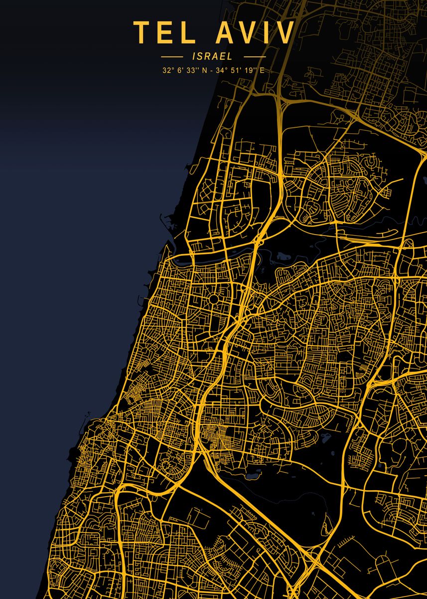 'Tel Aviv Golden City Map' Poster, picture, metal print, paint by ...