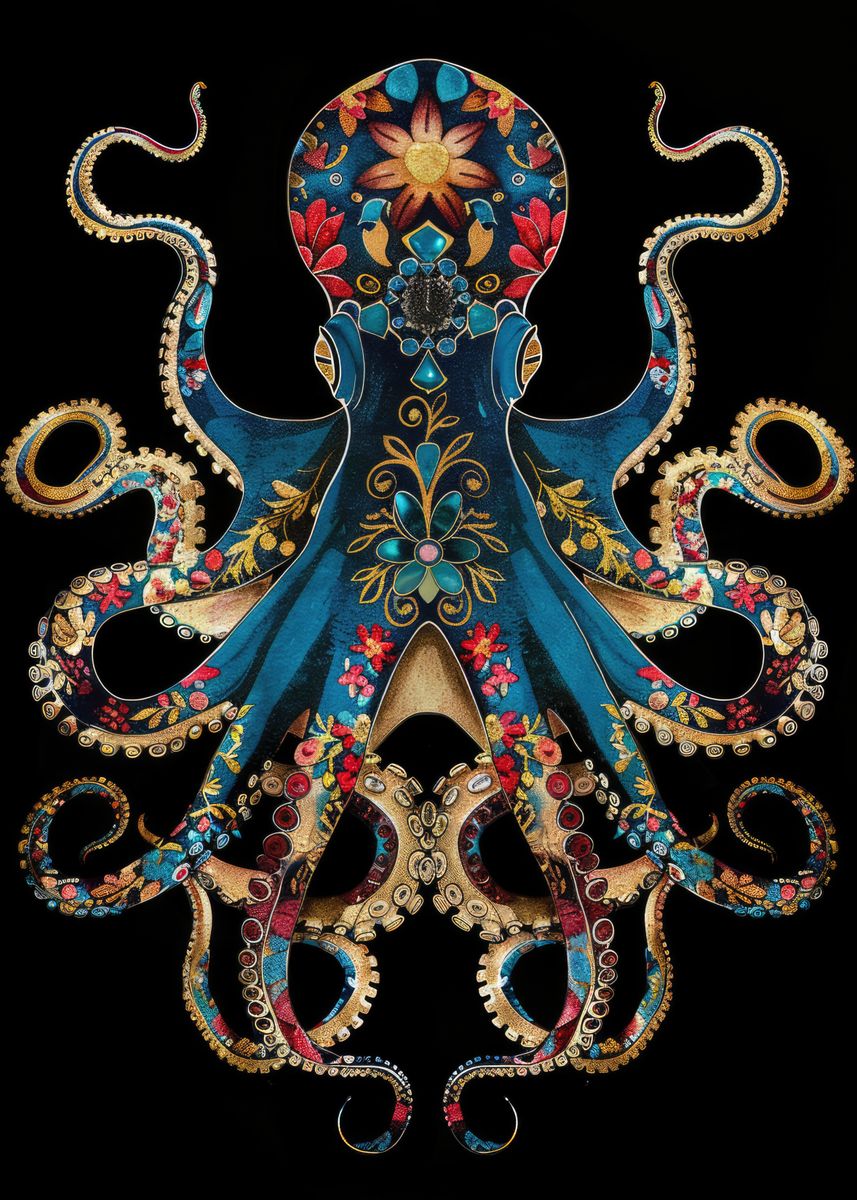 'Ornate Patchwork Octopus Art Print' Poster, picture, metal print ...