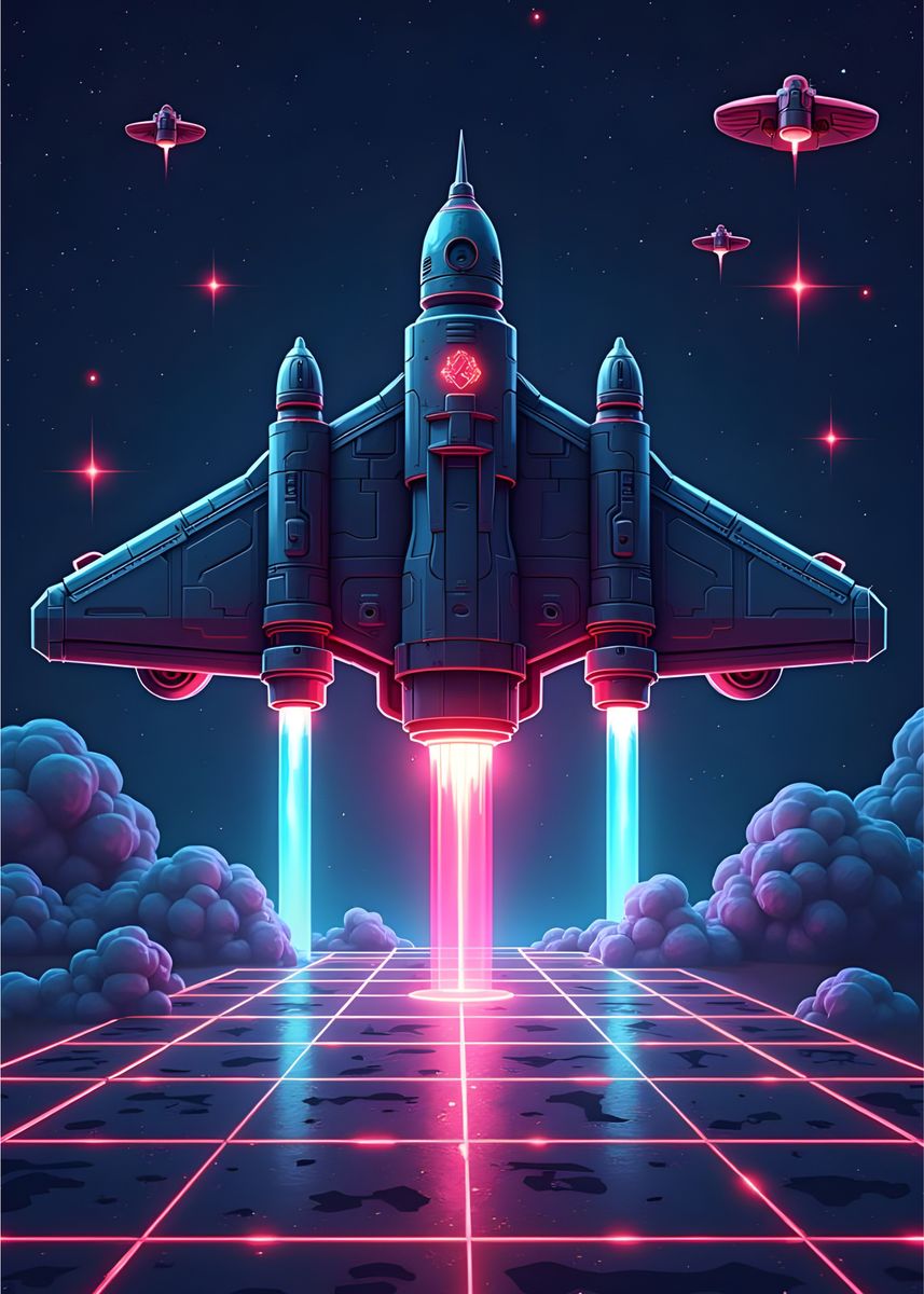 'Retro Futuristic Spaceship - Neon Arcade-Style Launch' Poster, picture ...