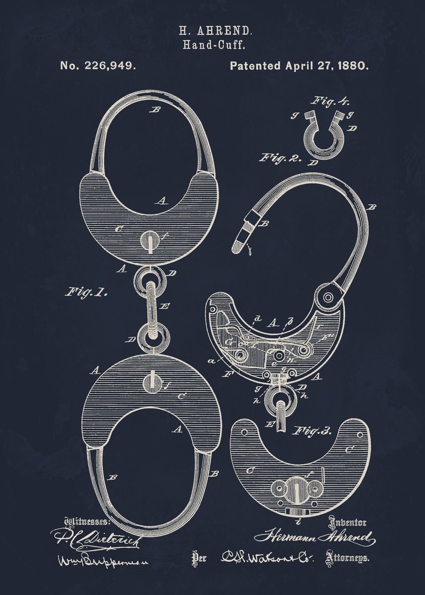 'Handcuff Patent Illustration' Poster, picture, metal print, paint by ...