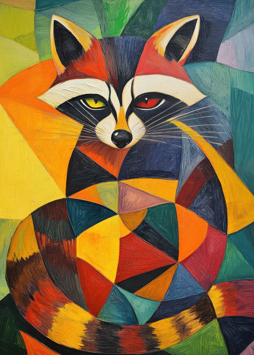 'Geometric Raccoon Oil Painting' Poster, picture, metal print, paint by ...