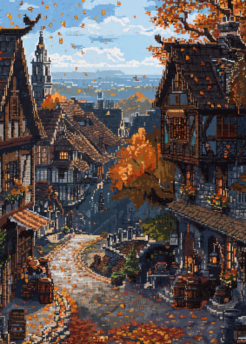 'Autumnal Pixel Art Town' Poster, picture, metal print, paint by ...