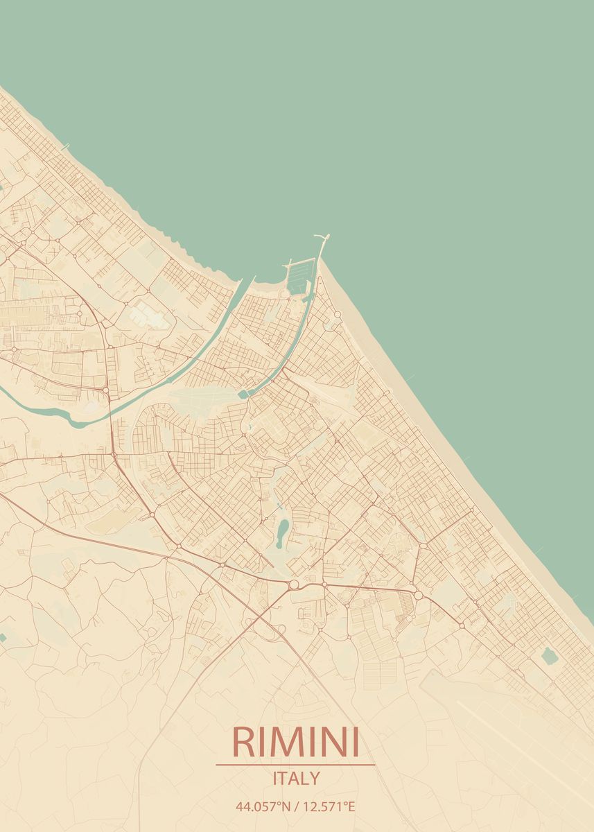'Rimini Italy Vintage Style City Map' Poster, picture, metal print ...