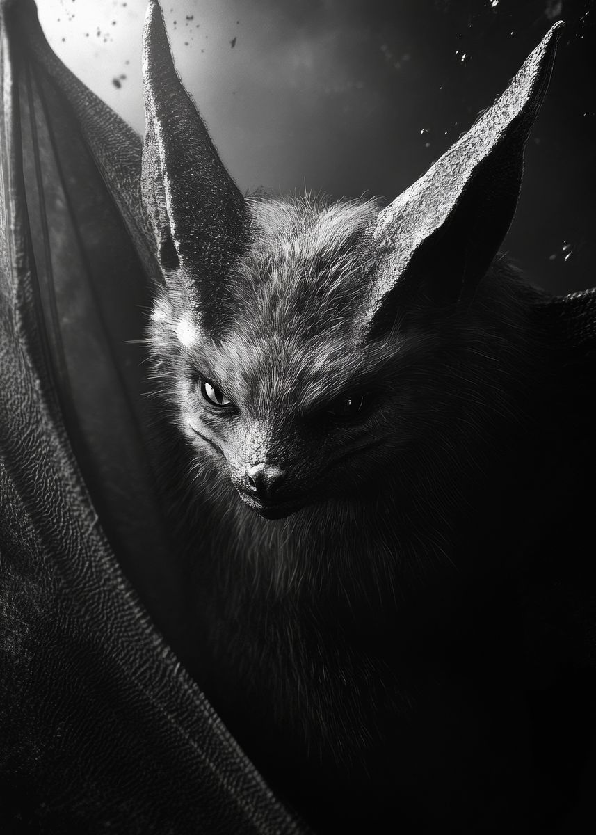 'Fierce Bat in Flight - Monochrome Nocturnal Creature Art' Poster ...