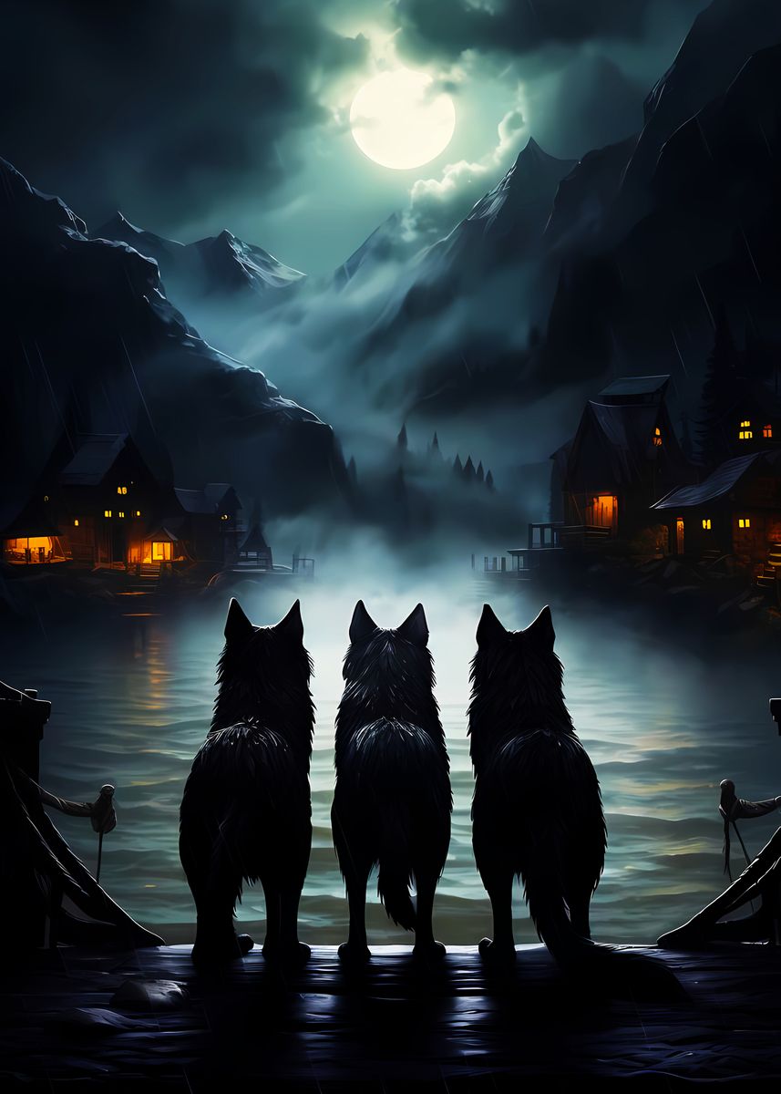 'Wolves Under Moonlight' Poster, picture, metal print, paint by | Displate