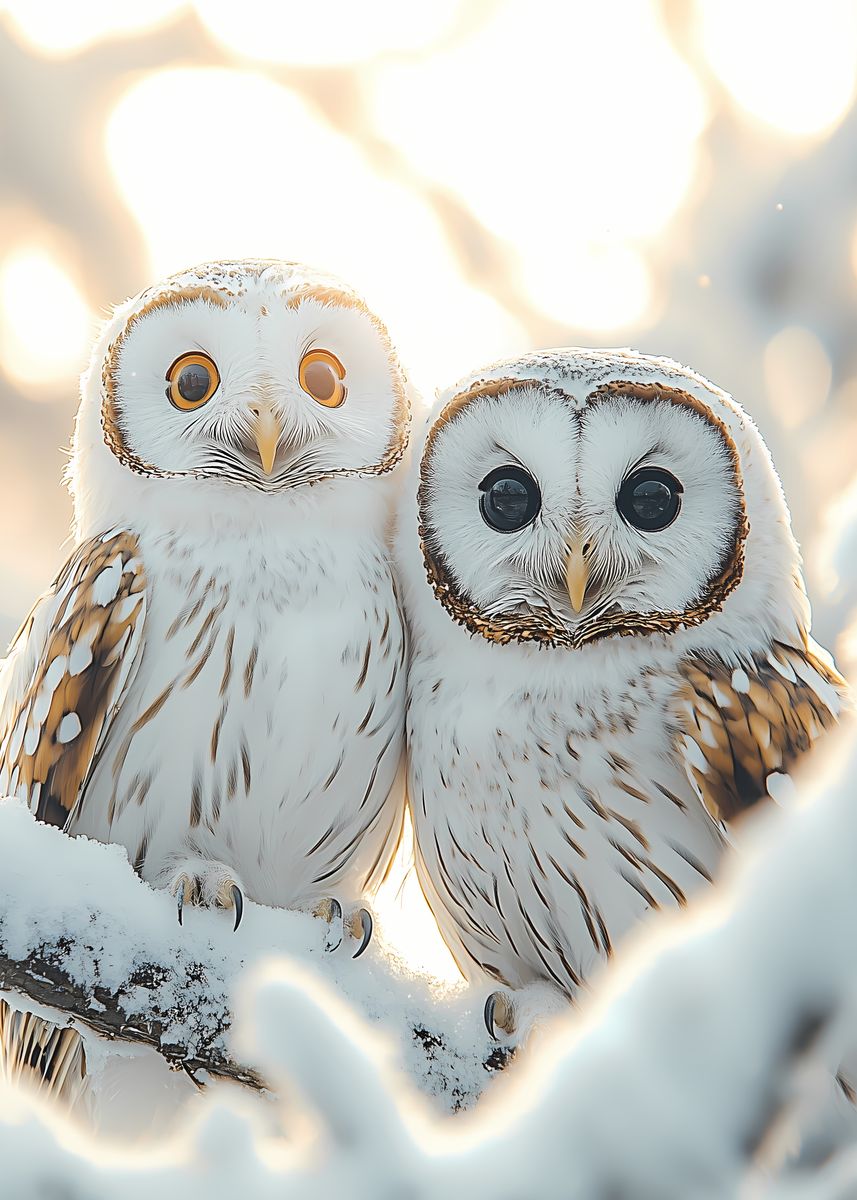 'Snowy Owl Pair' Poster, picture, metal print, paint by Chinoune | Displate