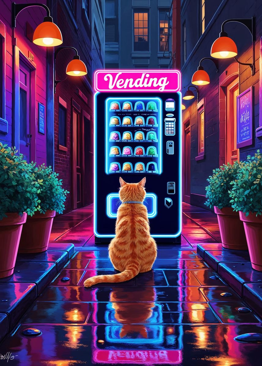 'Cat at Vending Machine' Poster, picture, metal print, paint by Laura ...