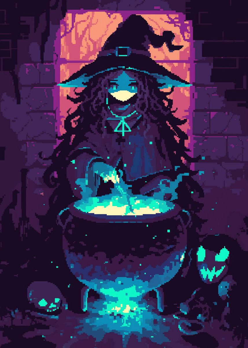 'Pixel Witch Brewing Potion' Poster, picture, metal print, paint by ...