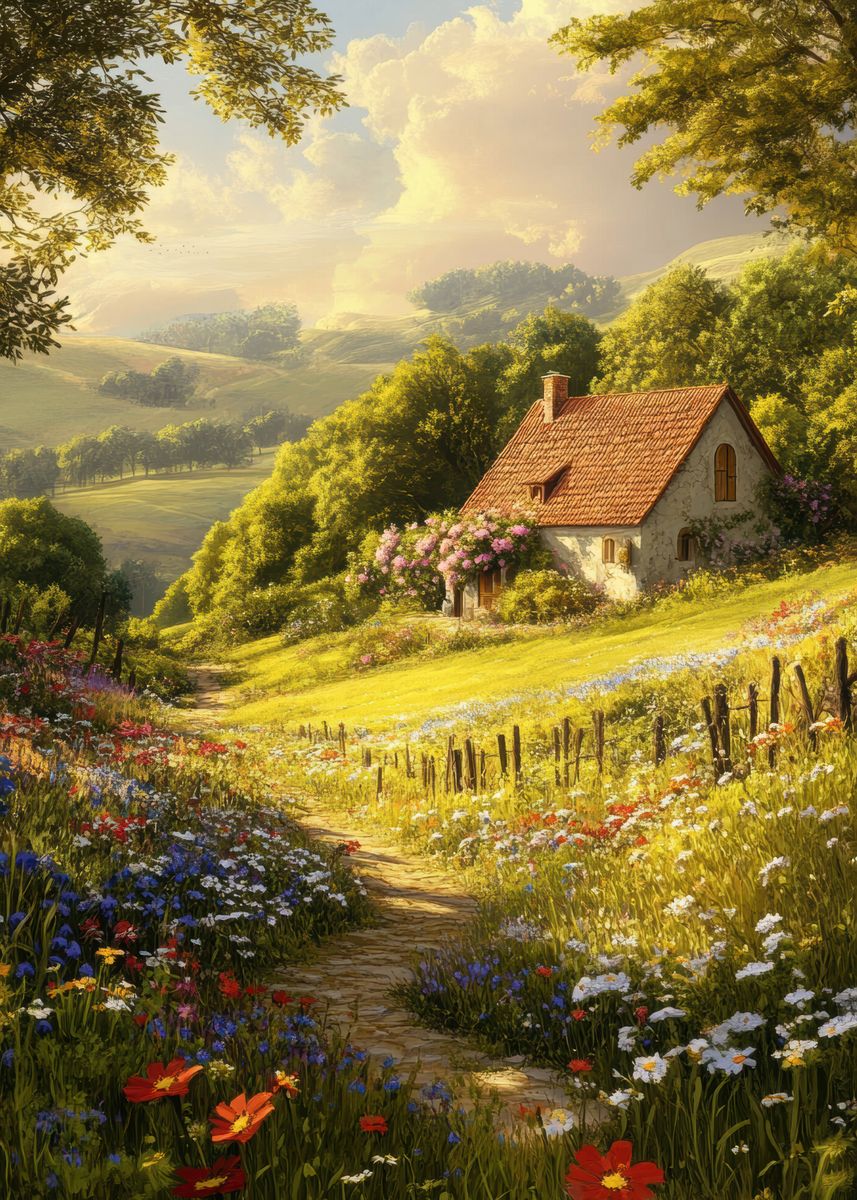 'Cottage in a Flower Field' Poster, picture, metal print, paint by XVKE ...