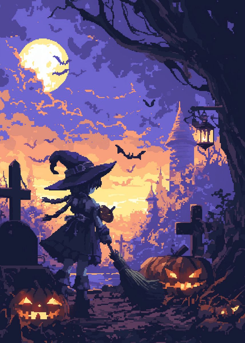'Halloween Witch in Graveyard' Poster, picture, metal print, paint by ...