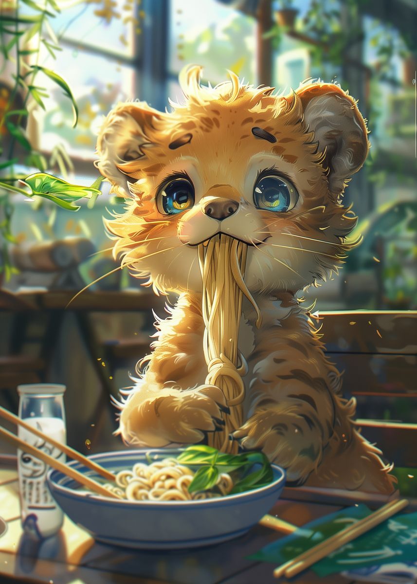 'Cute Tiger Eating Noodles' Poster, picture, metal print, paint by ...