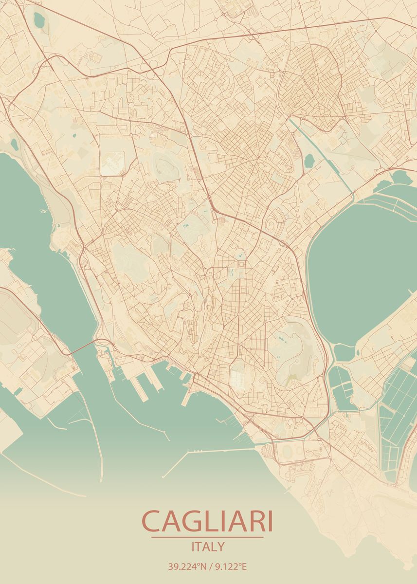 'Cagliari Italy Vintage Style City Map' Poster, picture, metal print, paint by Wall Art Physical ...